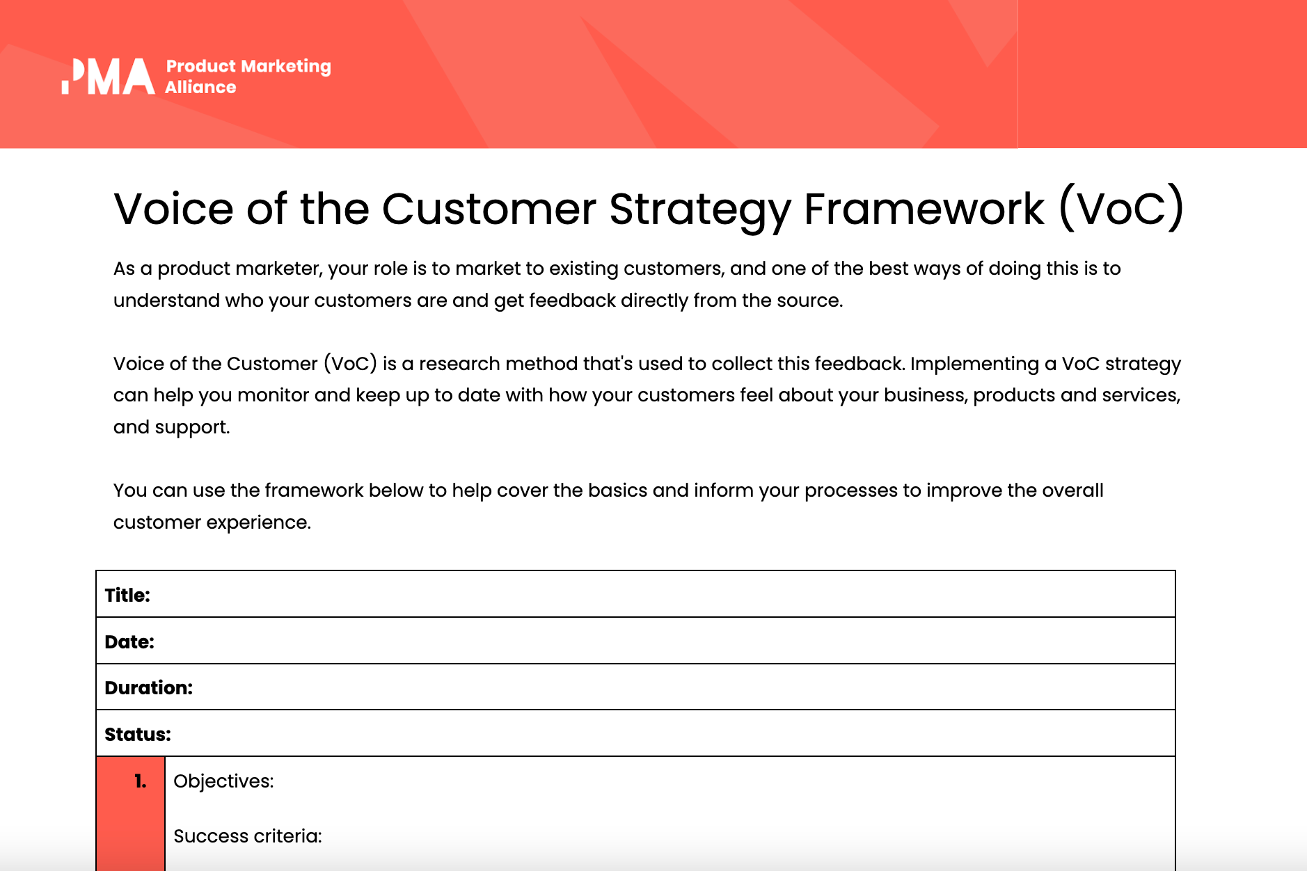 Voice of the Customer (VOC) strategy framework (template)